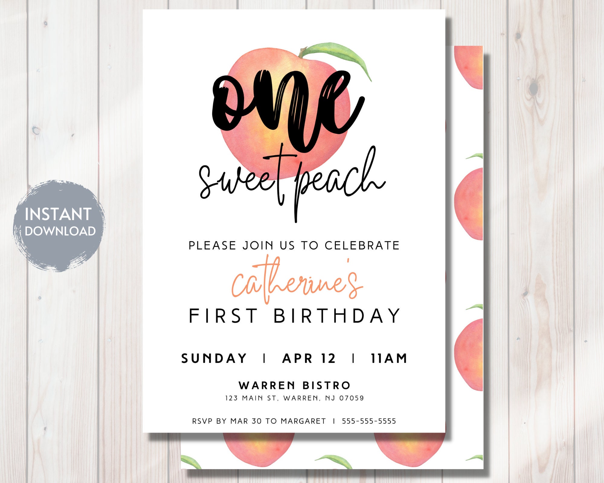 One Sweet Peach Birthday Invitation Template, Modern One Sweet Peach ...