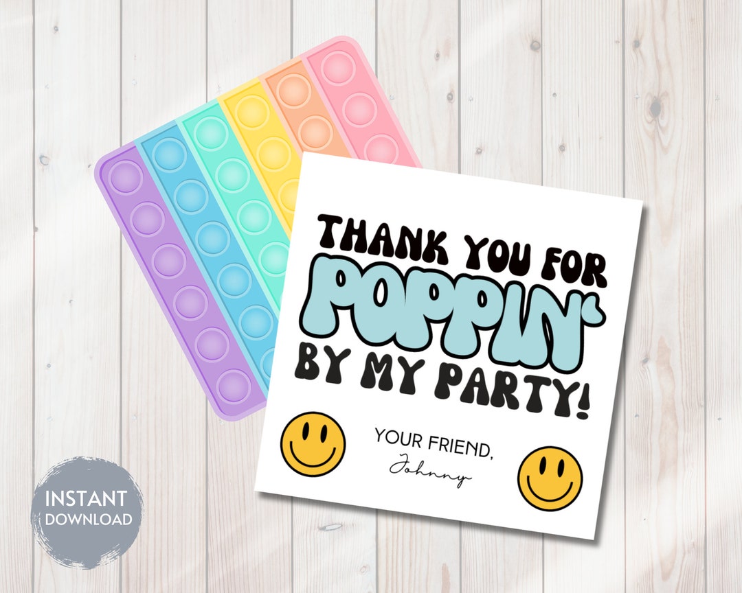Birthday Party Favor Tag Template, Pop It Toy Tag, Smiley Face Party ...
