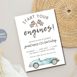 START YOUR ENGINES Birthday Invitation, Vintage Blue Race Car Bday ...