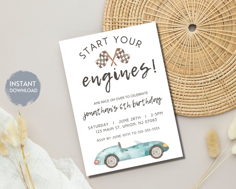 START YOUR ENGINES Birthday Invitation Vintage Blue Race Car - Etsy