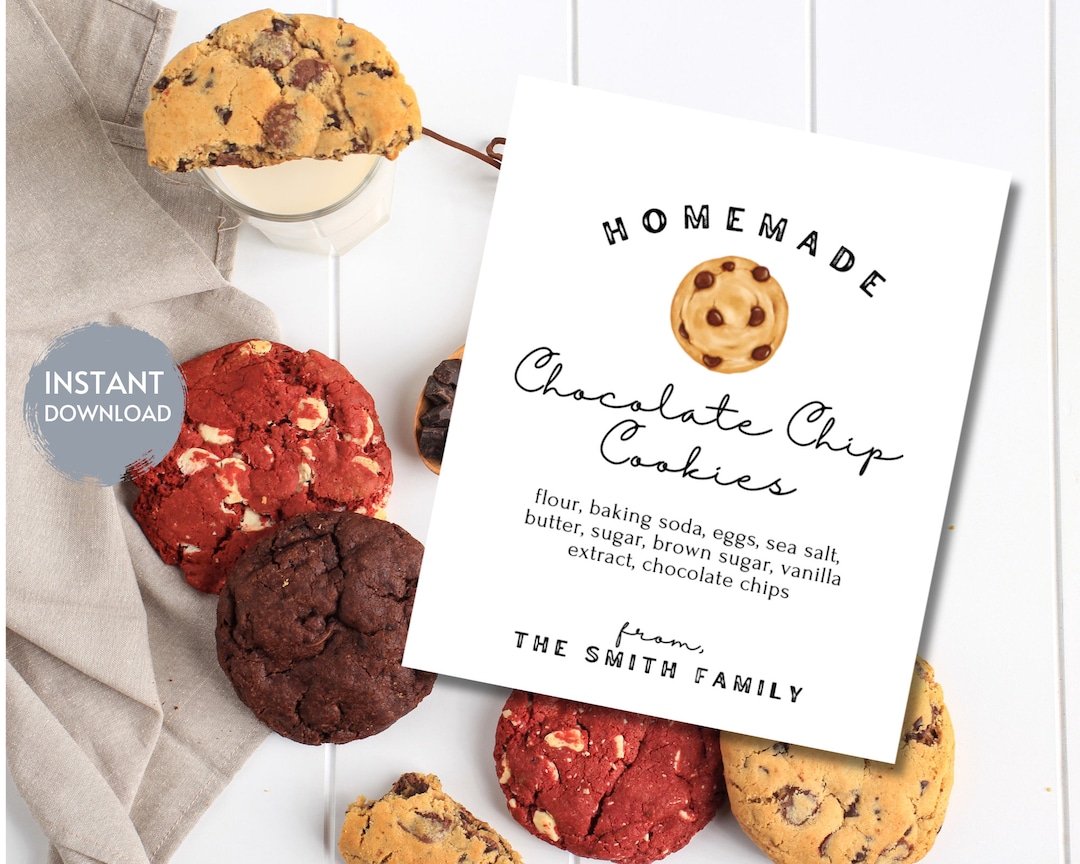HOMEMADE Cookie Tag Template, Chocolate Chip Cookie Gift Tag, Holiday ...