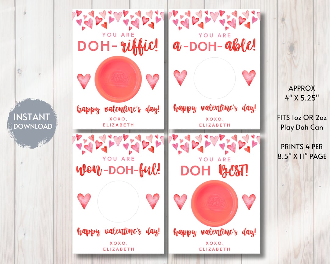 Play Dough Valentine's Cards Printable, Valentine Gift for Kids, School ...