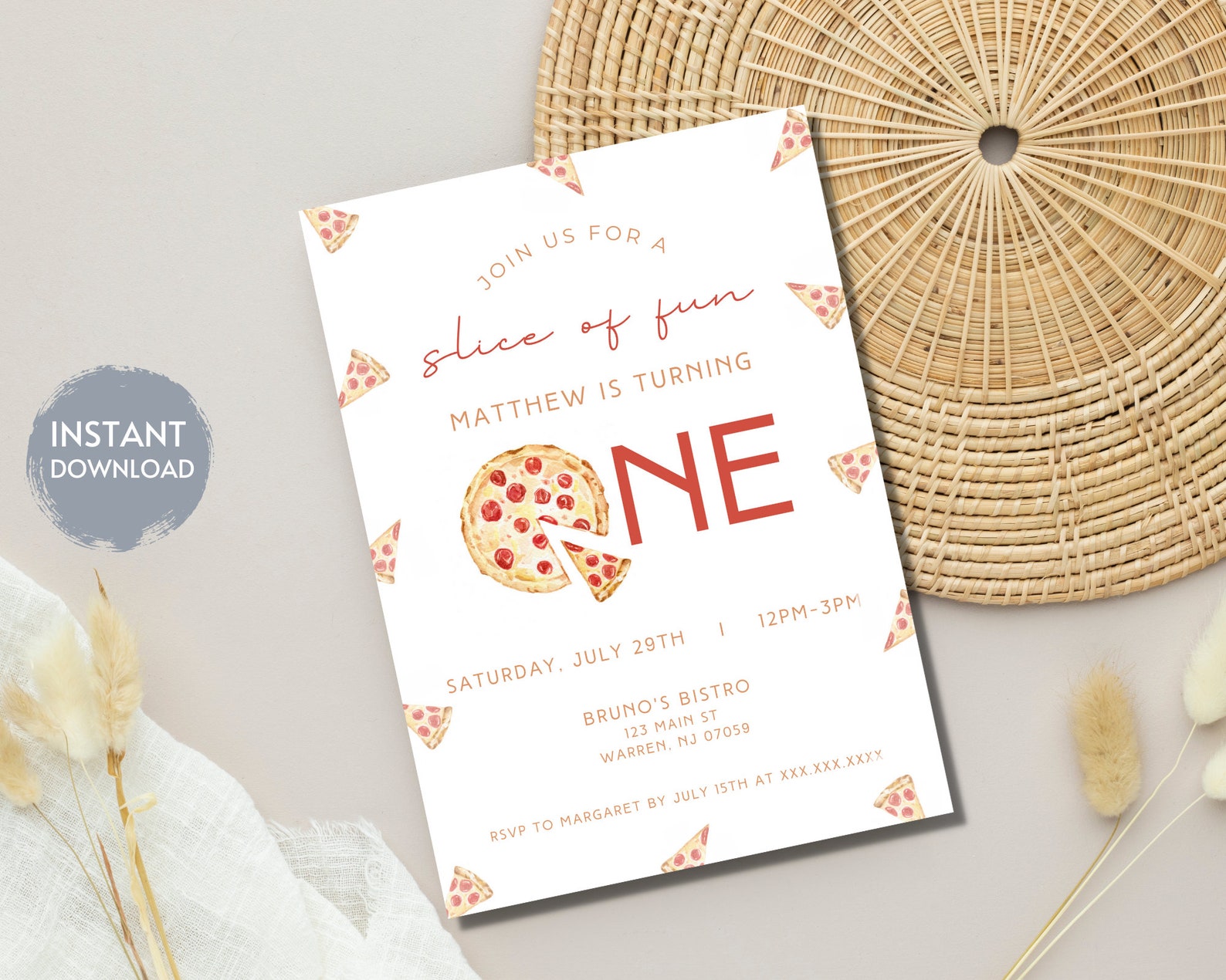 Pizza SLICE OF FUN Baby 1ST Birthday Invitation, Pizza Parlor Invite ...