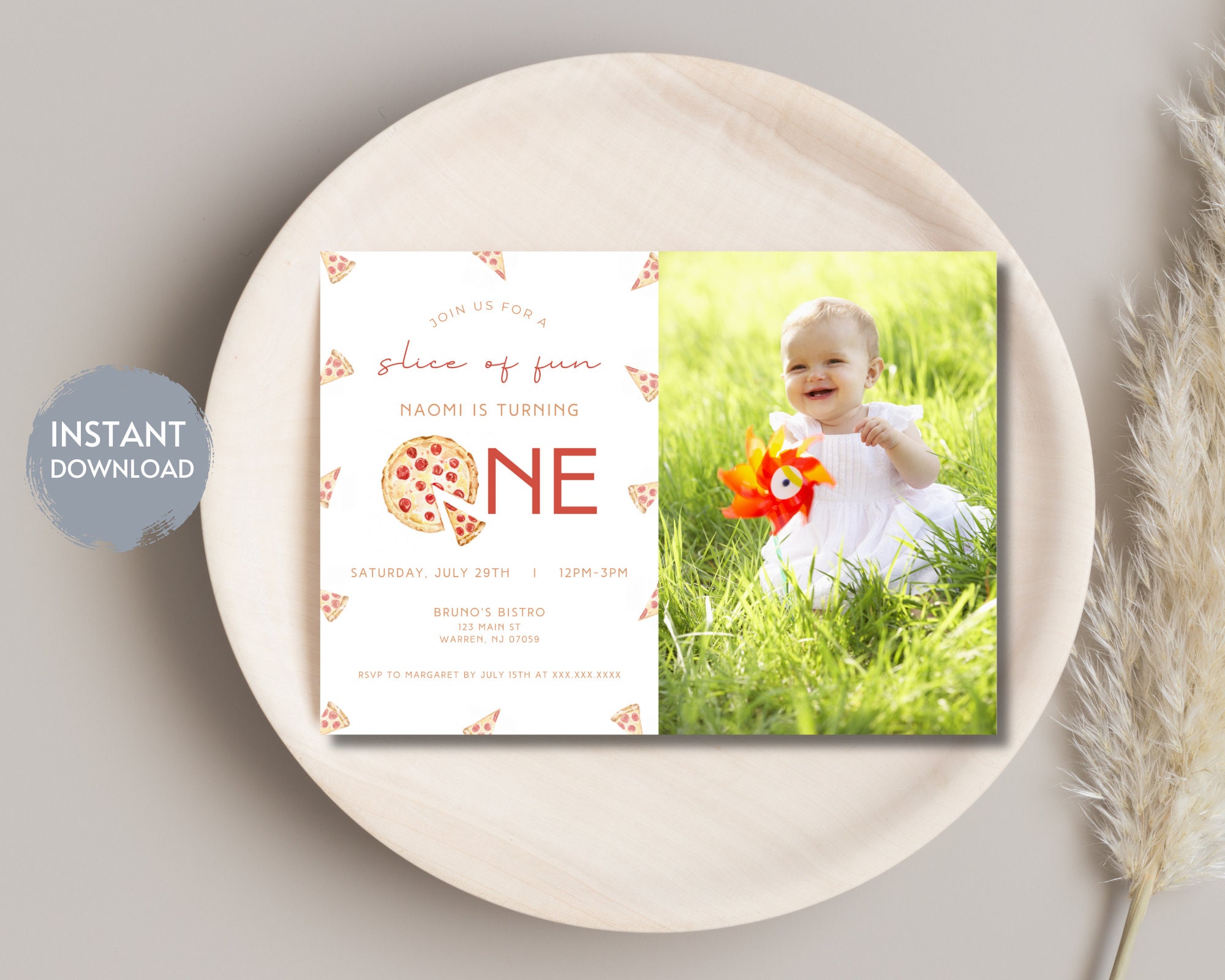 Pizza Slice of Fun 1st Birthday Photo Invitation, Pizza Parlor Picture ...