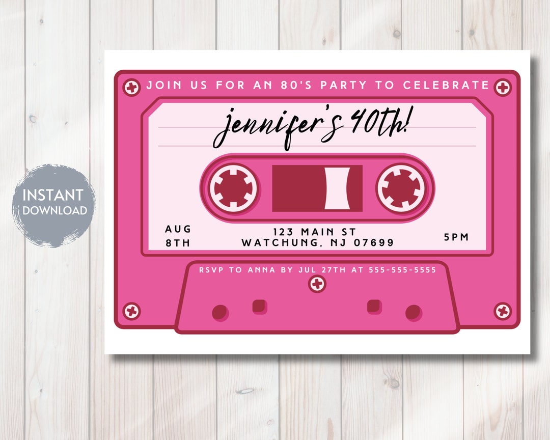 RETRO Cassette Tape Invite, 40th Birthday Invitation Template, Editable ...