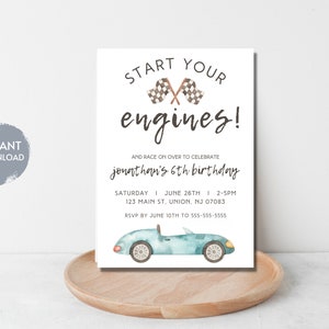 START YOUR ENGINES Birthday Invitation, Vintage Blue Race Car Bday ...