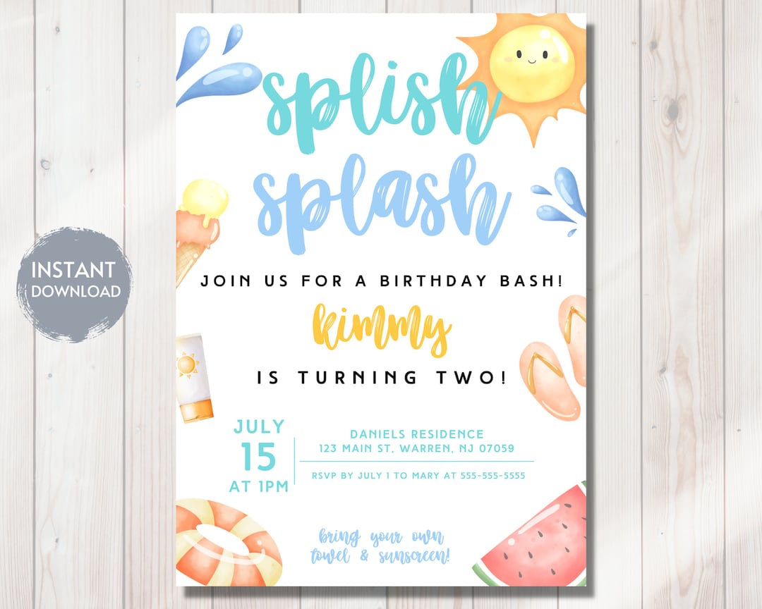 POOL PARTY Bday Invitation, Splish Splash It's A Birthday Bash Invite ...
