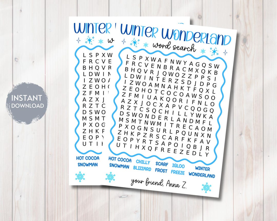 Winter Wonderland Word Search, Printable Kids Activity (digital File ...