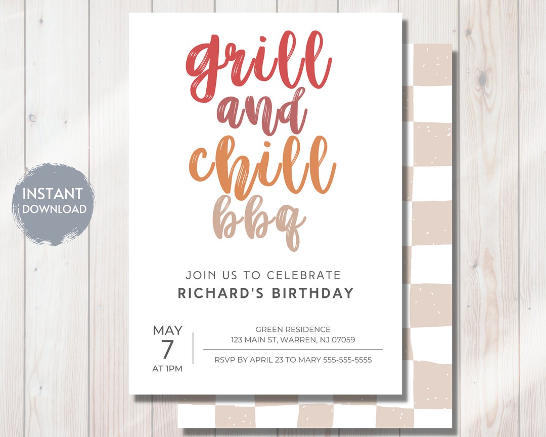 Grill and Chill BBQ Invitation Template, Summer Birthday Invite ...