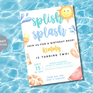 POOL PARTY Bday Invitation, Splish Splash It's A Birthday Bash Invite ...