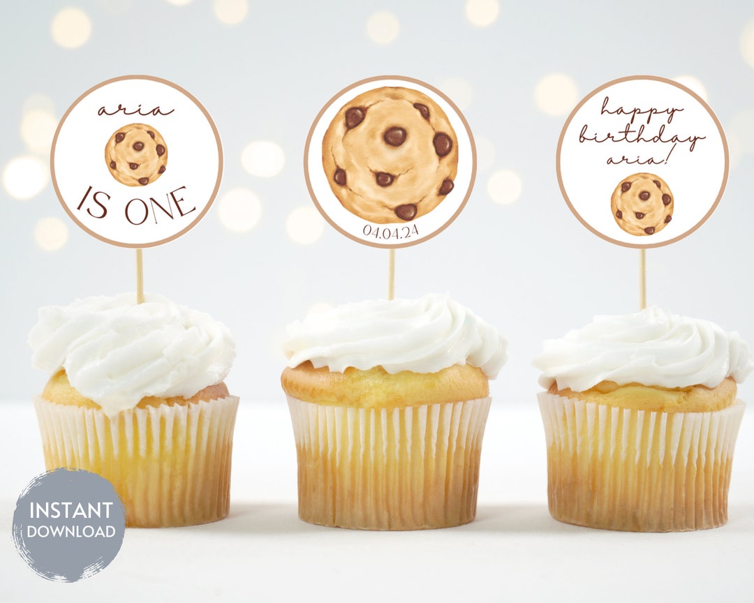 COOKIE Birthday Cupcake Topper Template, One SWEET Cookie Cupcake Tags ...