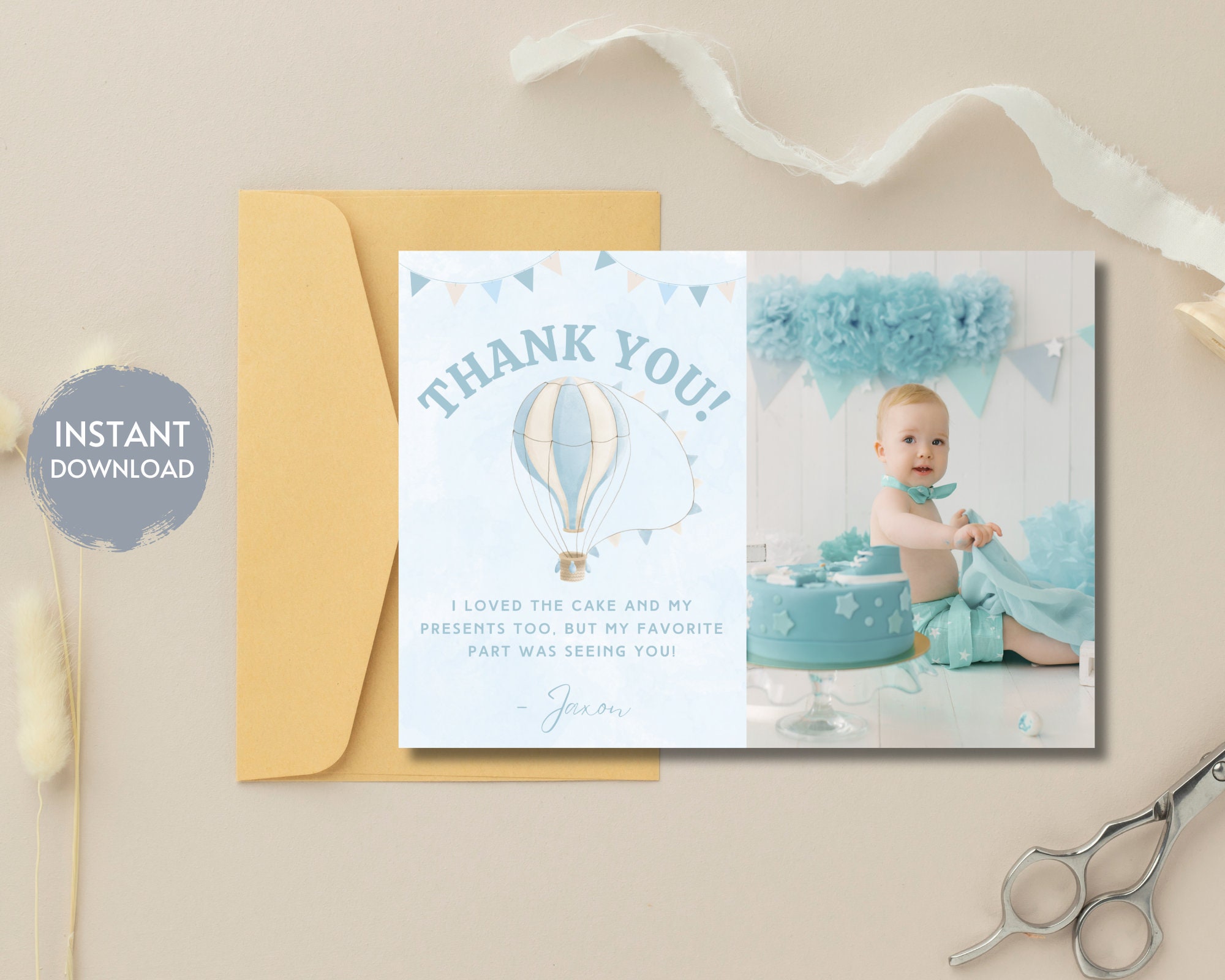 Hot Air Balloon First Birthday Thank You Card, Photo Thank You Card ...