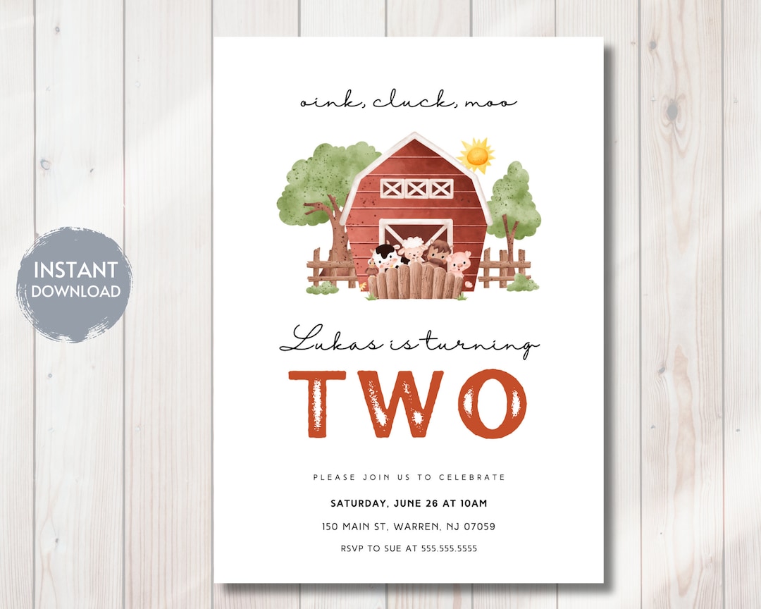 Barnyard 2nd Birthday Invitation Template, Farm Animals (digital ...