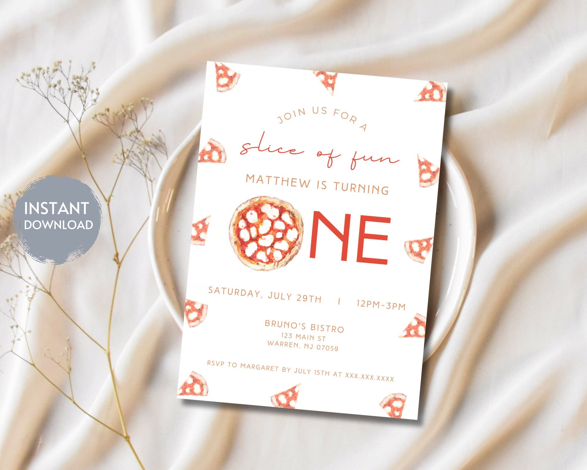 Pizza Slice of Fun 1st Birthday Invitation, Pizza Parlor Invite, First ...
