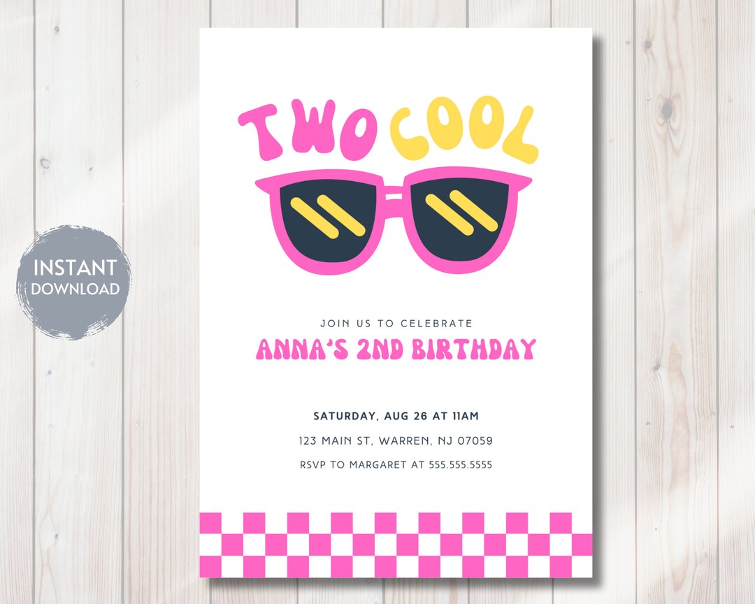 TWO COOL Sunglasses Birthday Invitation, Pink Second Bday Invite, 2nd ...