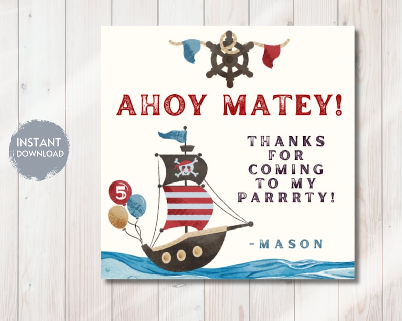 Pirate Birthday Sticker Template, Ahoy Matey Thank You Sticker, Pirate ...