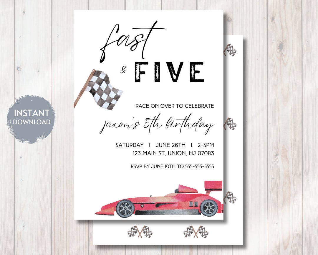 FAST AND FIVE Birthday Invitation, Race Car Invitation, Red Race Car ...