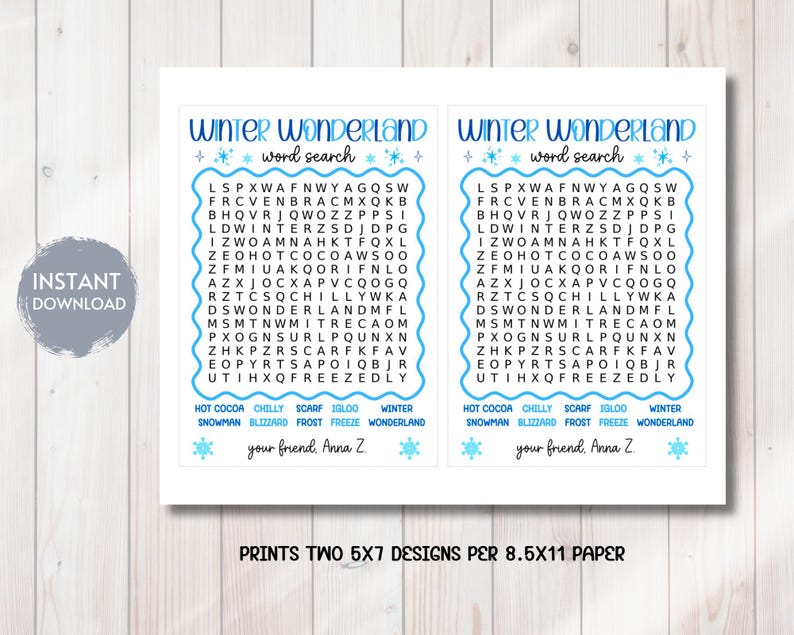 Winter Wonderland Word Search, Printable Kids Activity (digital File ...