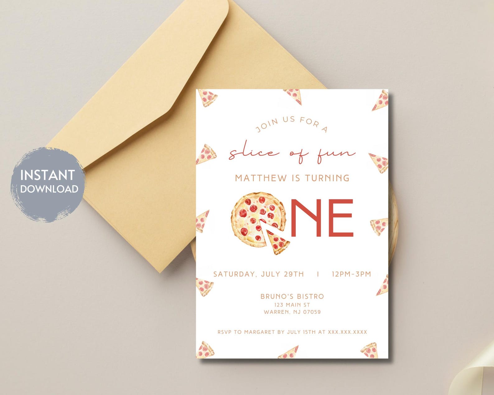 Pizza SLICE OF FUN Baby 1ST Birthday Invitation, Pizza Parlor Invite ...
