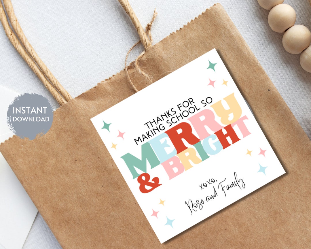 Teacher Christmas Gift Tag Template, School Merry and Bright Xmas Tag ...