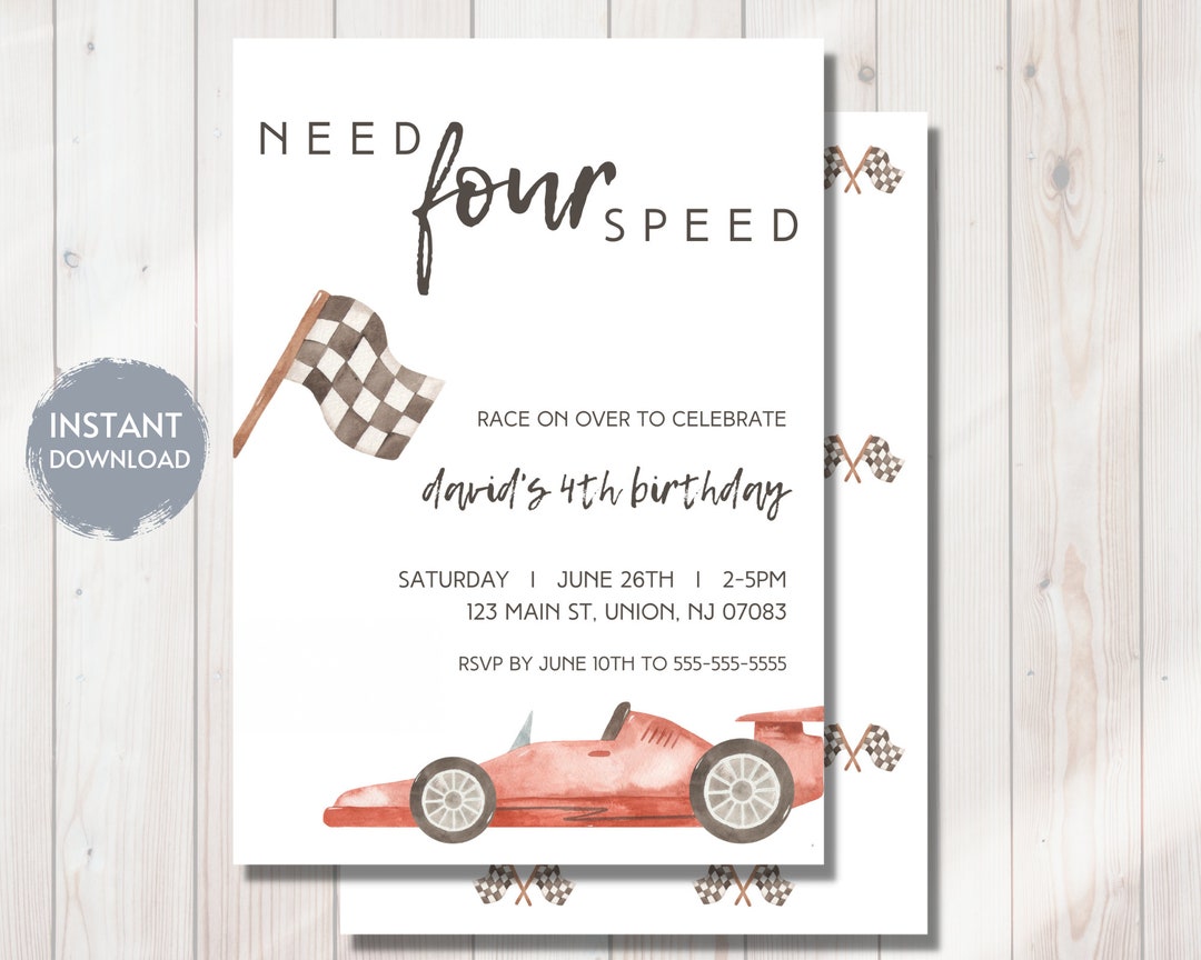 NEED FOUR SPEED Birthday Invitation, Race Car Invitation, Red Race Car ...
