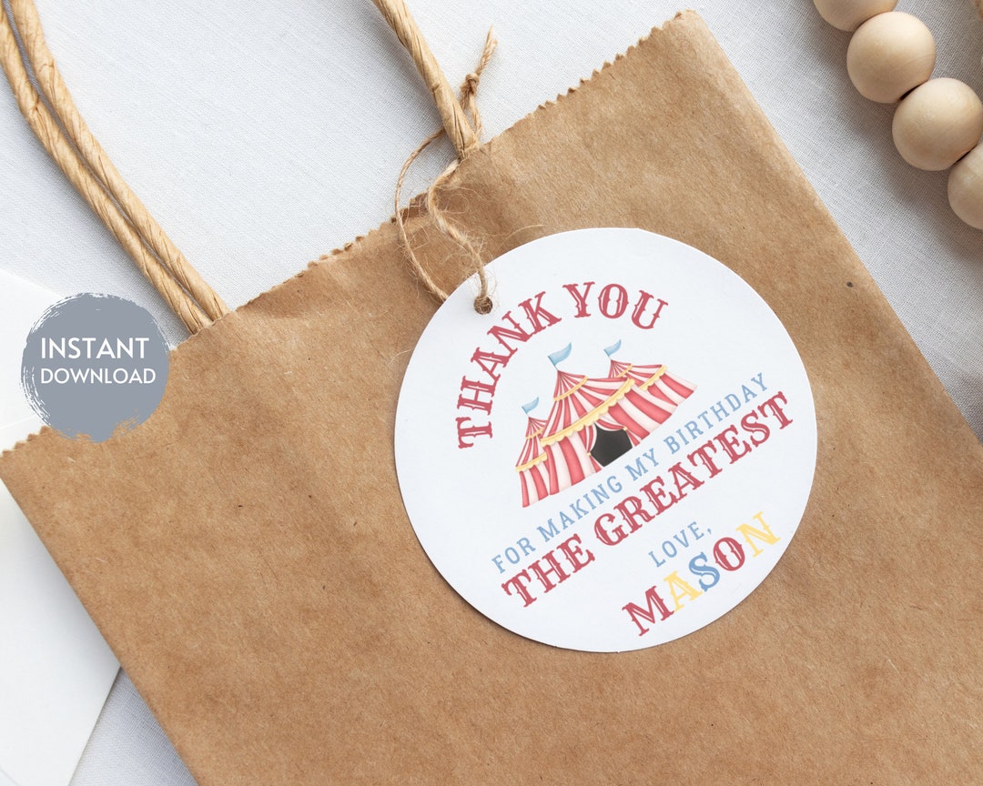 MODERN CIRCUS Birthday Tag Template, Carnival Thank You Sticker, Circus ...