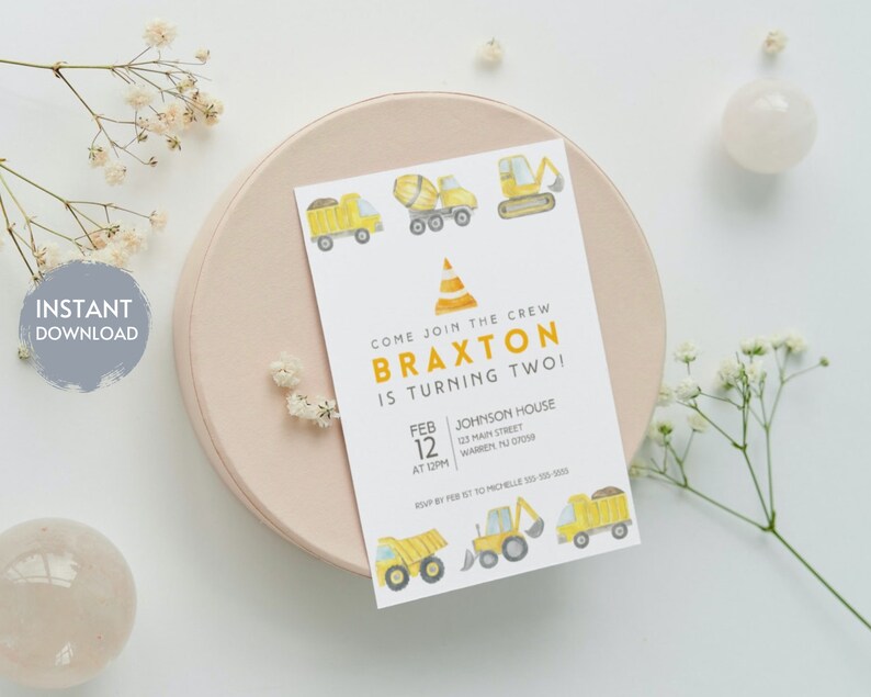 CONSTRUCTION 2nd Birthday Invitation Template Vehicles Truck - Etsy