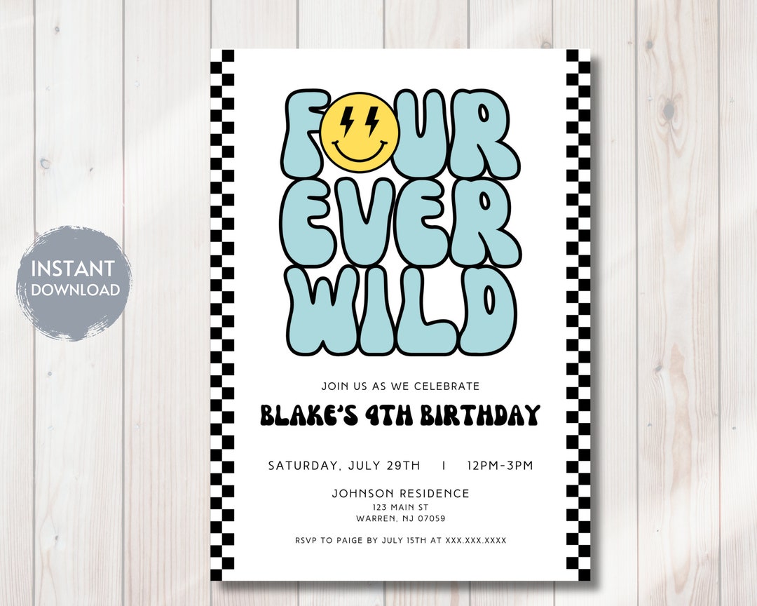 Four Ever Wild Birthday Invitation, Retro Smiley Face, 4th Bday ...