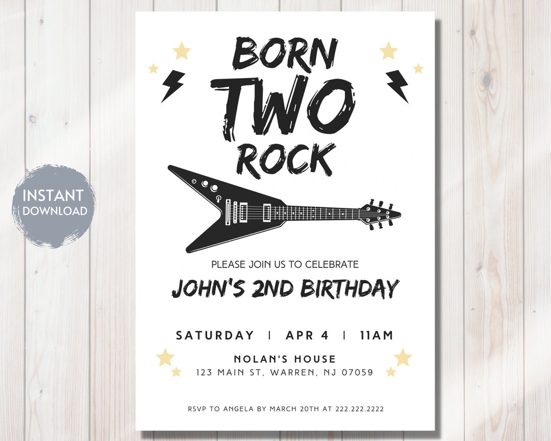 BORN TWO ROCK Birthday Invitation, Rock N Roll Guitar 2nd Birthday ...