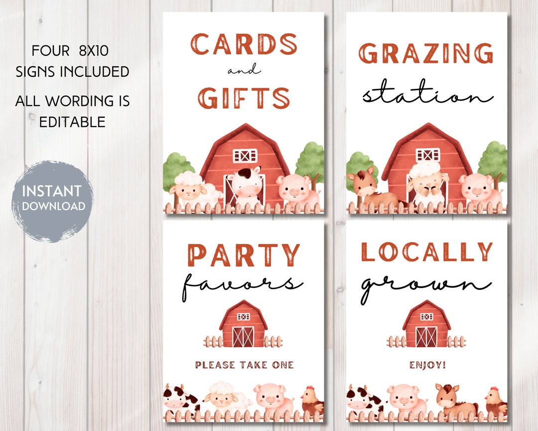 Farm Animal Party Sign Bundle, Editable Barnyard Birthday Decorations ...