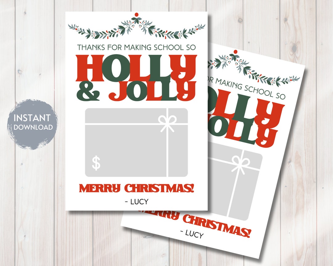 Christmas Teacher Gift Card Holder Template, Holly Jolly Printable (DIY ...