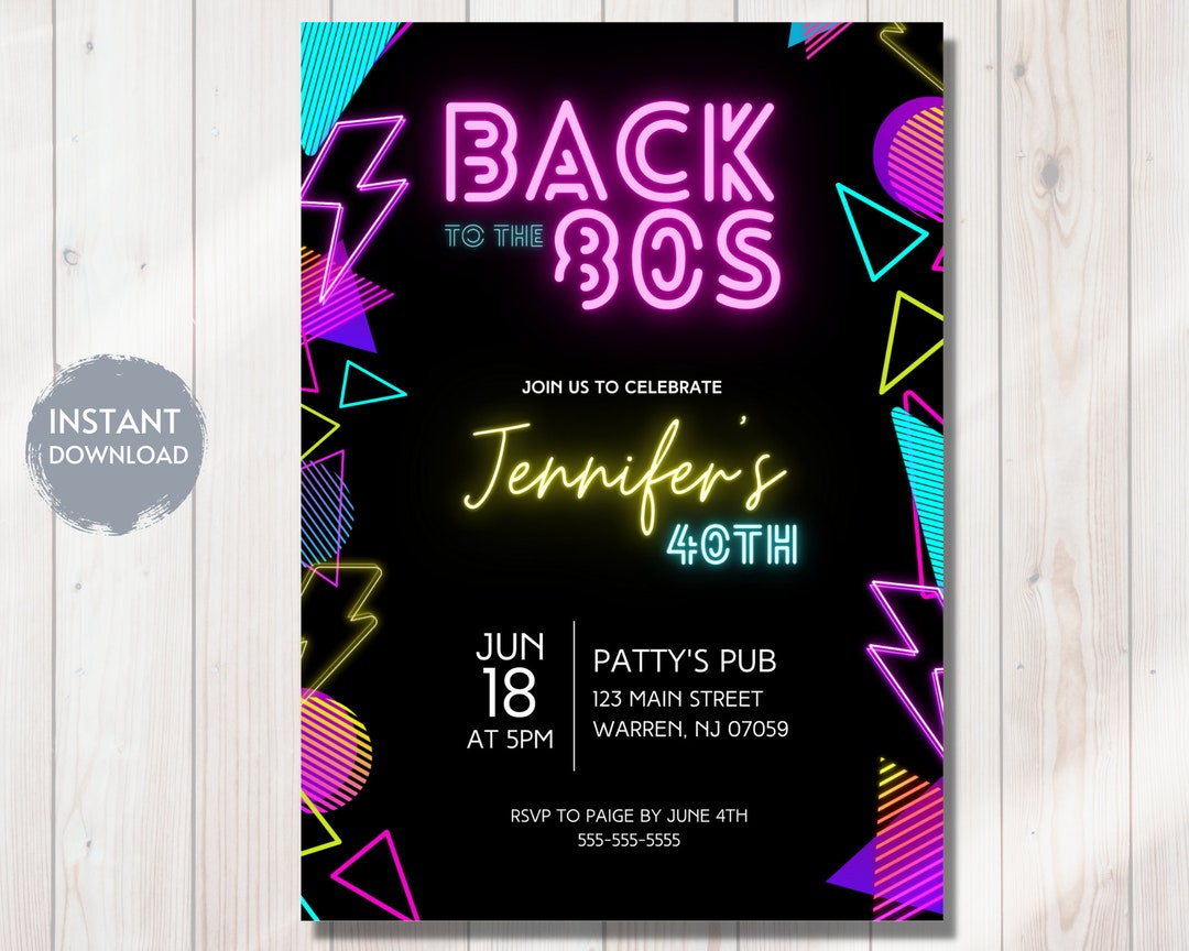 BACK TO THE 80's, 40th Birthday Invitation Template, Editable Instant ...
