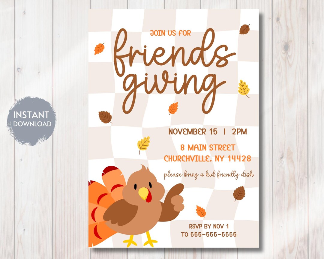 Friendsgiving Kids Party Invitation Template, Cute Friendsgiving Party ...
