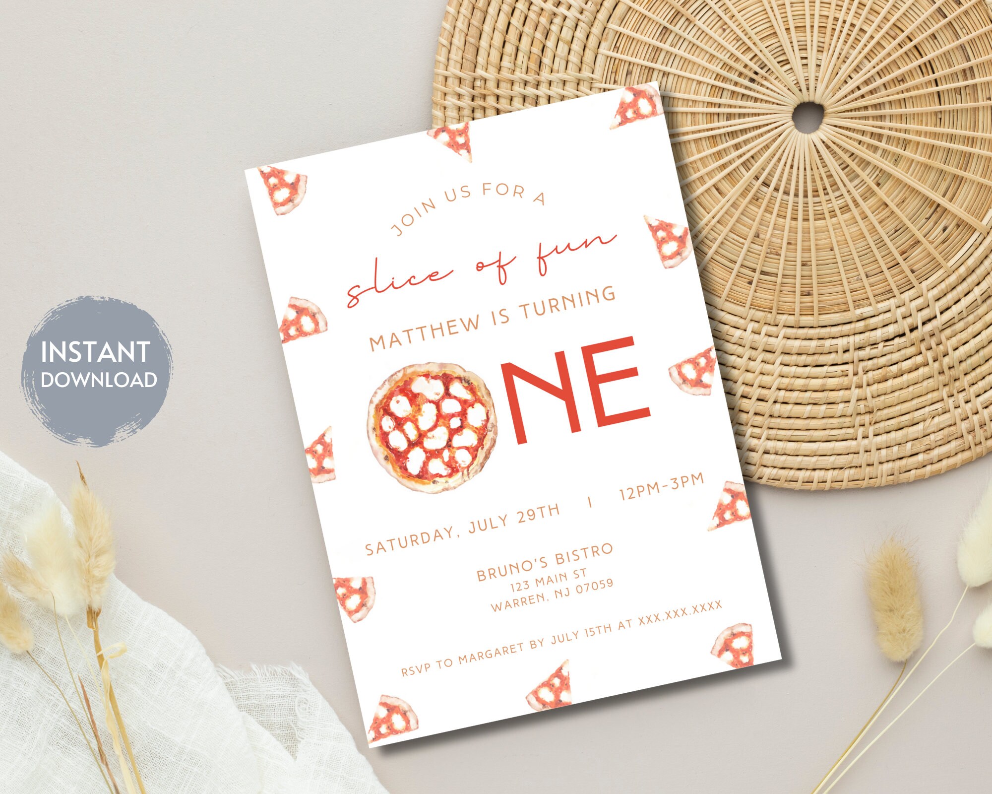 Pizza Slice of Fun 1st Birthday Invitation, Pizza Parlor Invite, First ...