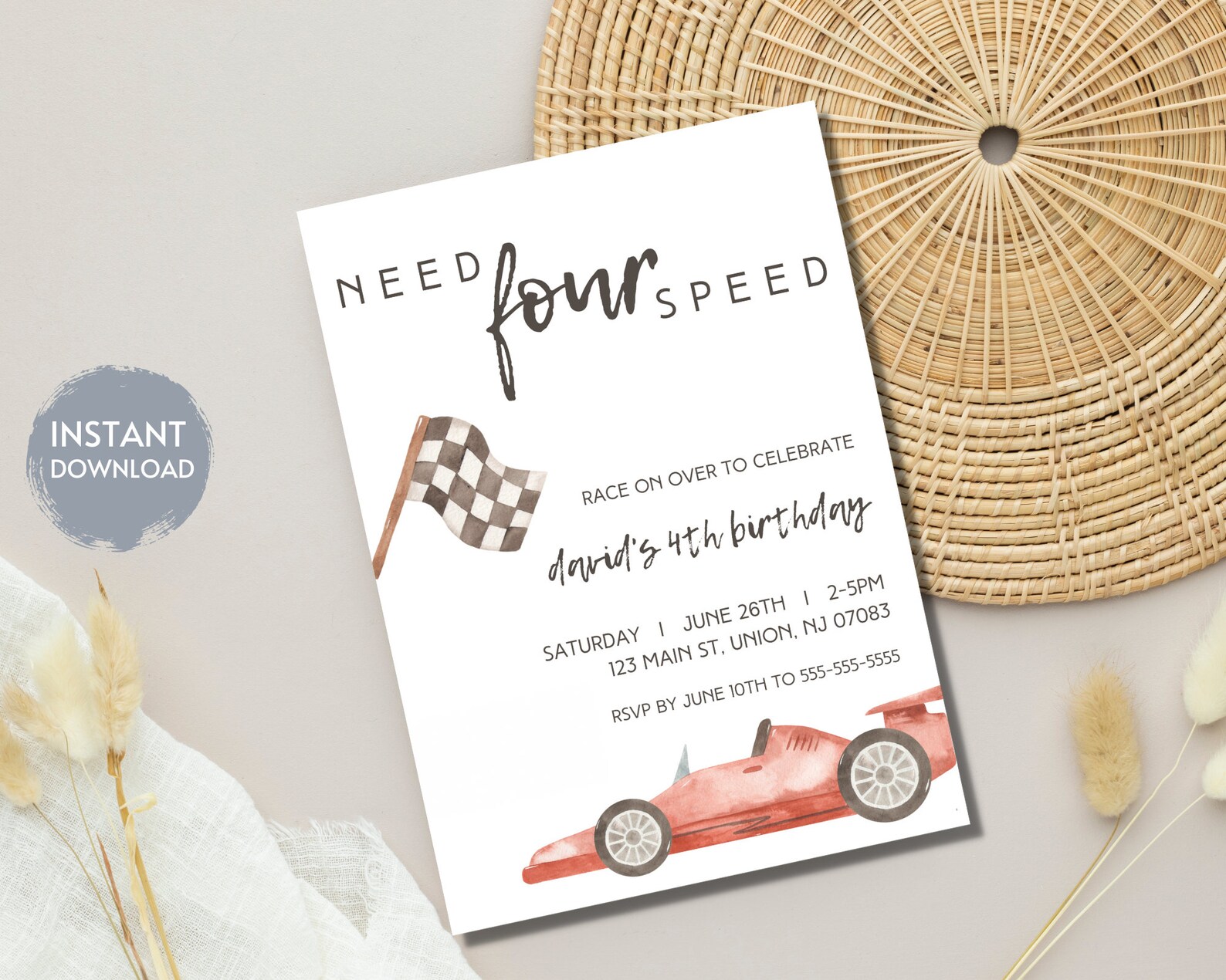 NEED FOUR SPEED Birthday Invitation, Race Car Invitation, Red Race Car ...