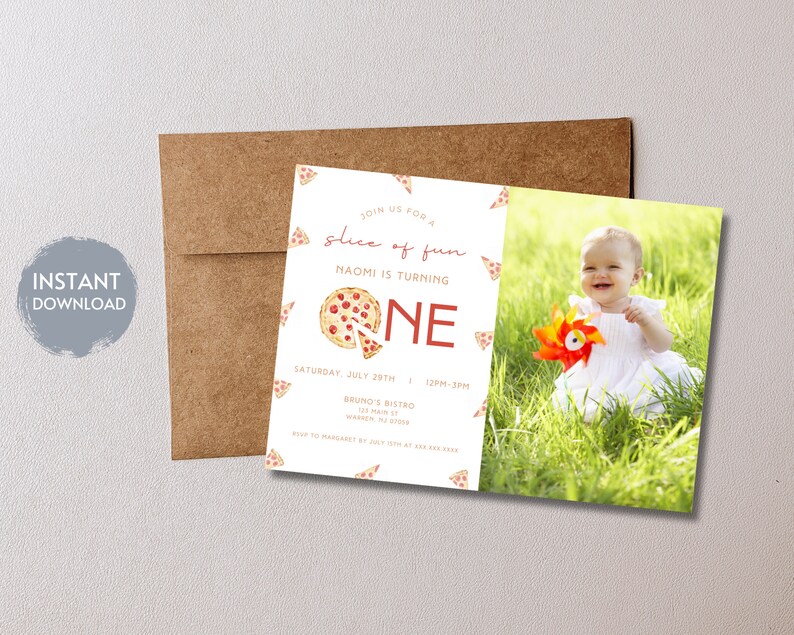 Pizza Slice of Fun 1st Birthday Photo Invitation, Pizza Parlor Picture ...