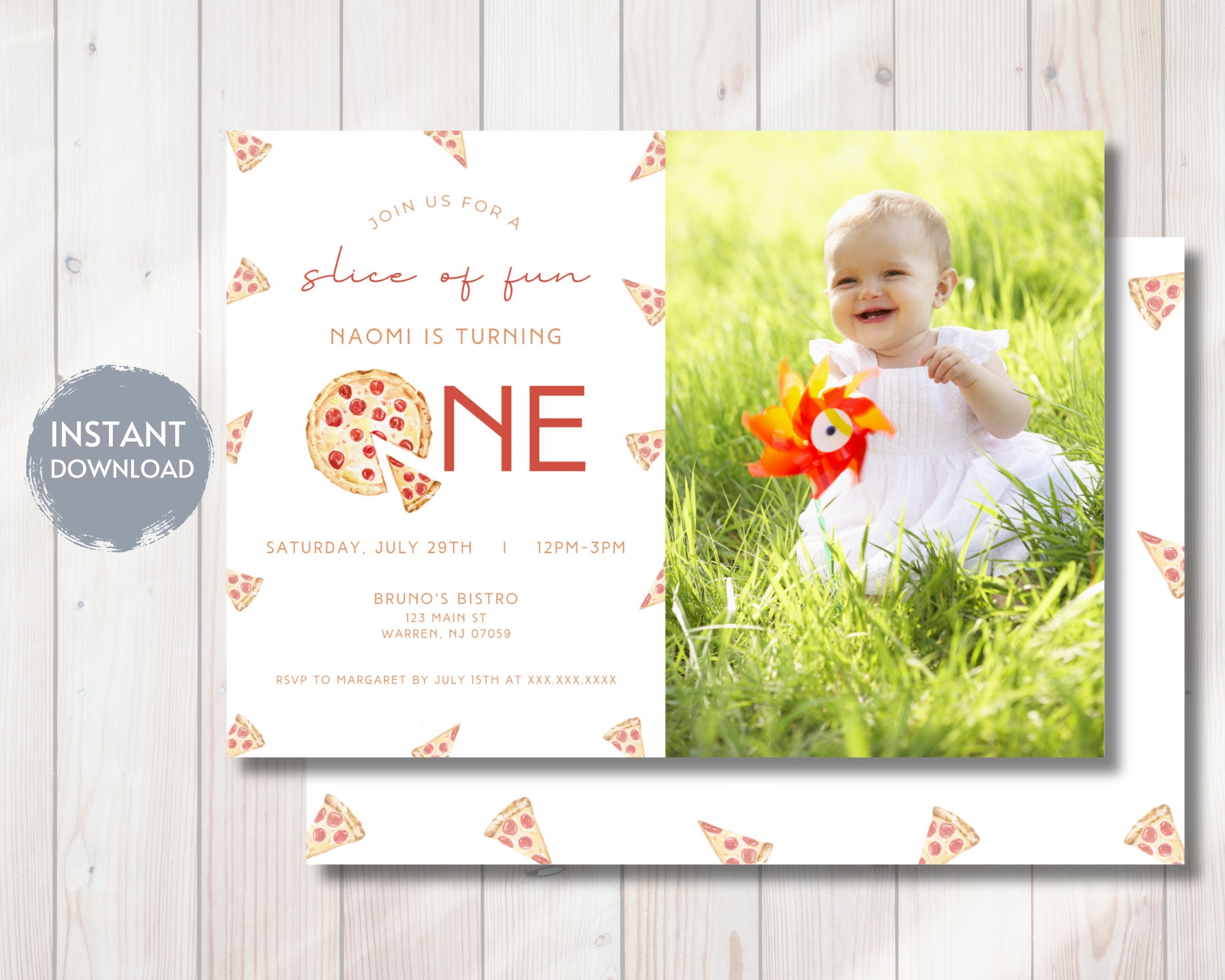 Pizza Slice of Fun 1st Birthday Photo Invitation, Pizza Parlor Picture ...
