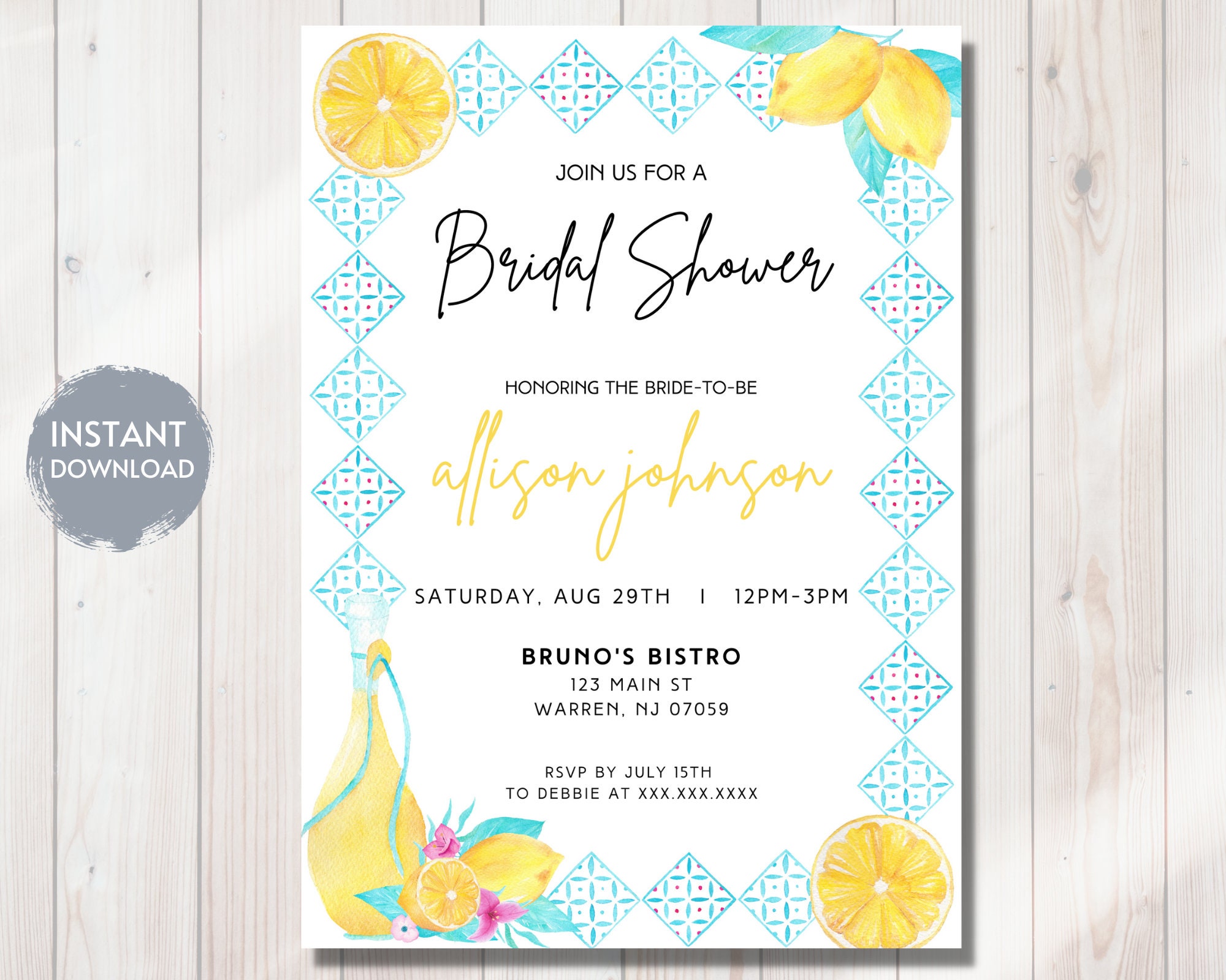 LIMONCELLO Bridal Shower Invitation Template LEMON Invite - Etsy