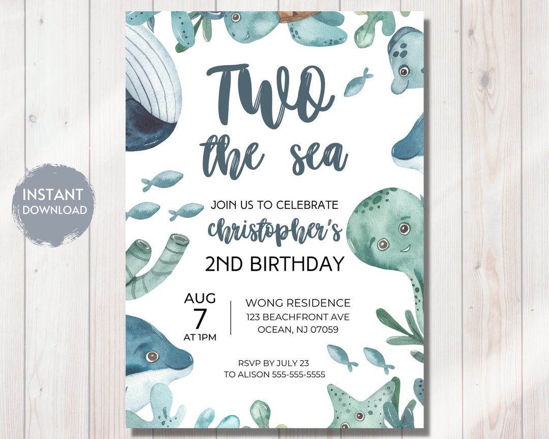 TWO THE SEA 2nd Birthday Invitation Template, Editable Instant Download ...