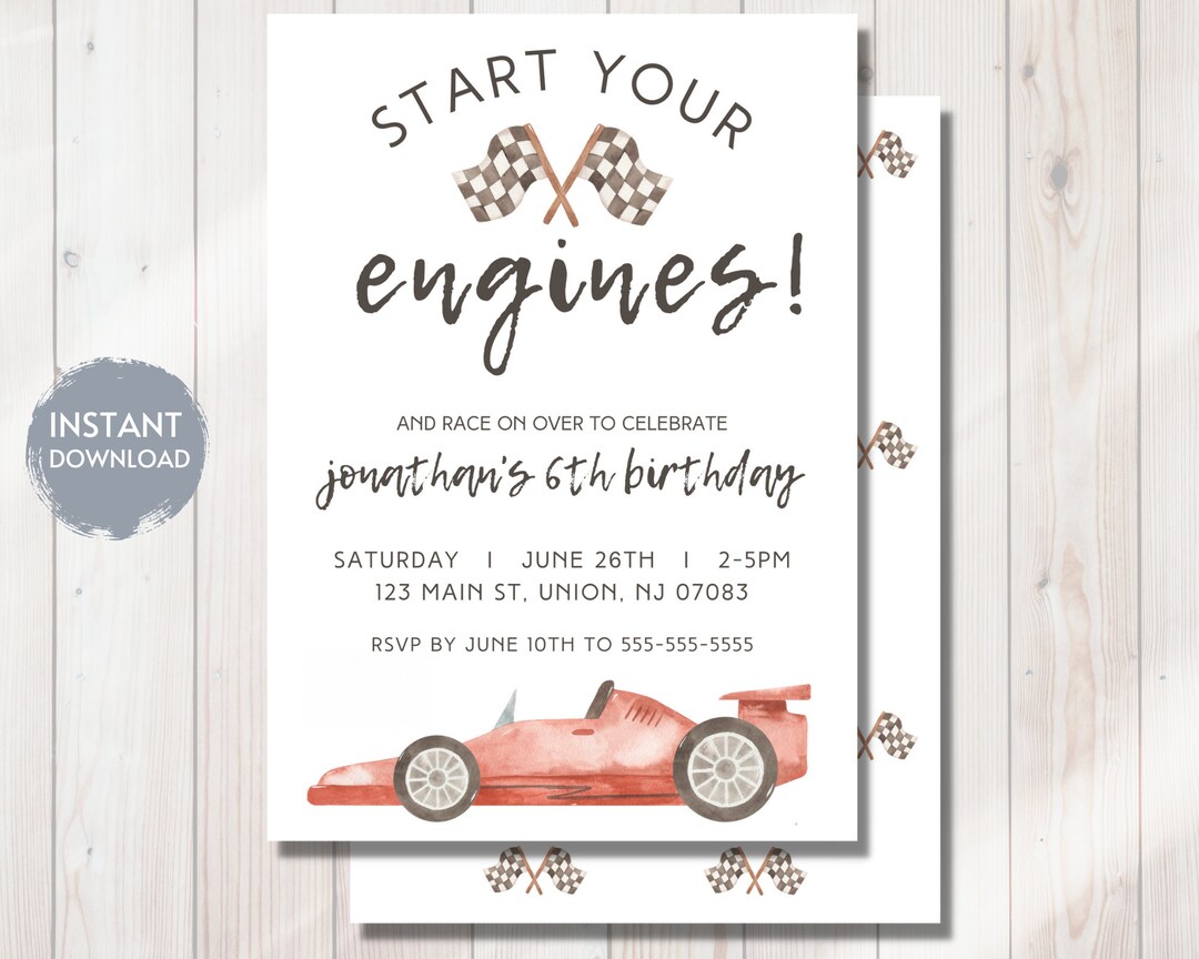 START YOUR ENGINES Birthday Invitation, Red Race Car Birthday Invite ...