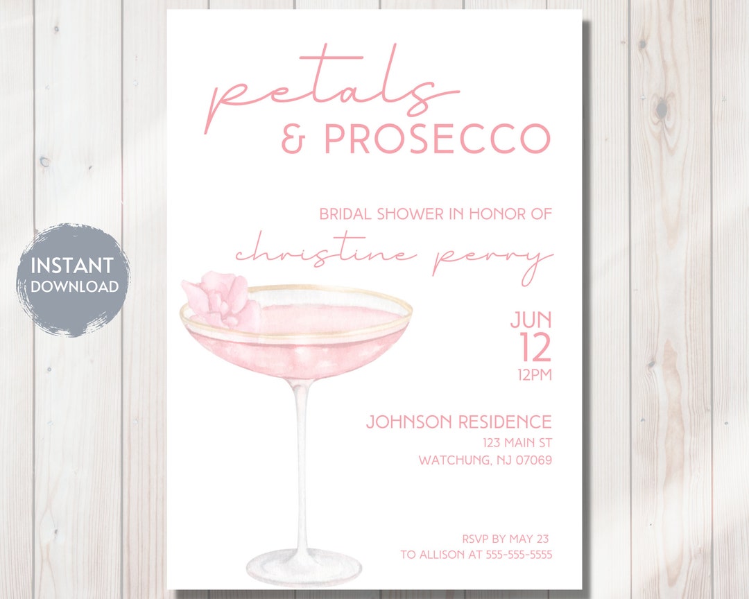 Petals & Prosecco Bridal Shower Invitation Template, Champagne Invite, Pink, Blush, Editable ...