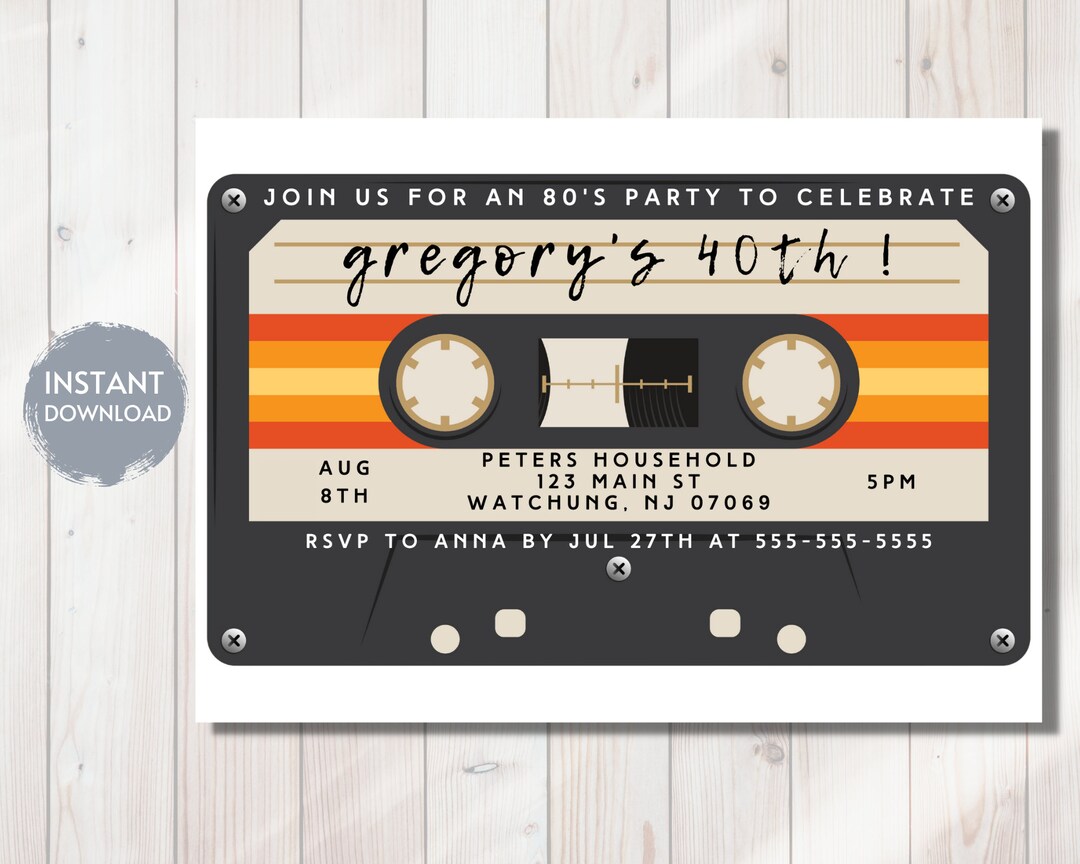 RETRO Cassette Tape Invite, 40th 30th Birthday Invitation Template ...