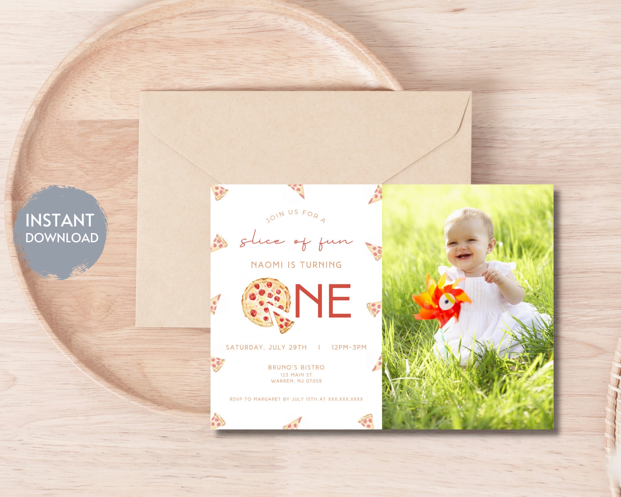 Pizza Slice of Fun 1st Birthday Photo Invitation, Pizza Parlor Picture ...