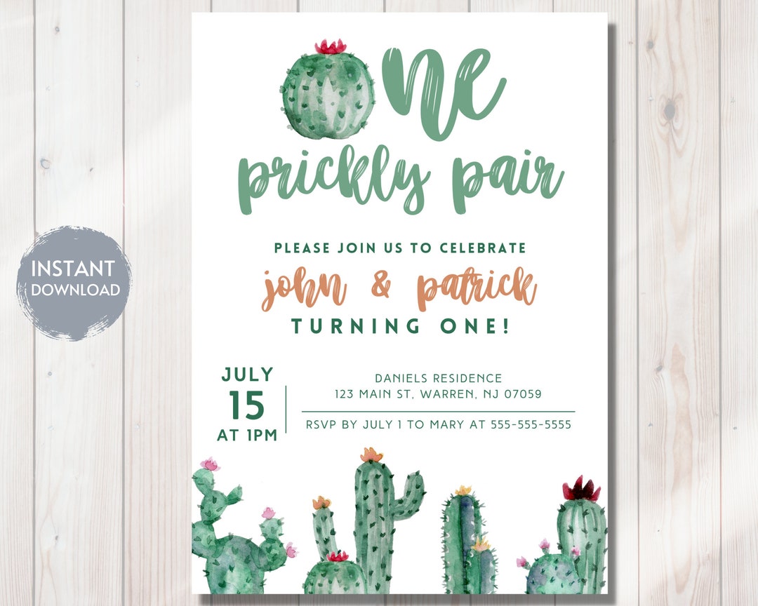 Prickly Pair Twins First Birthday Invitation, ONE Prickly Pair 1st Bday, Digital Download ...