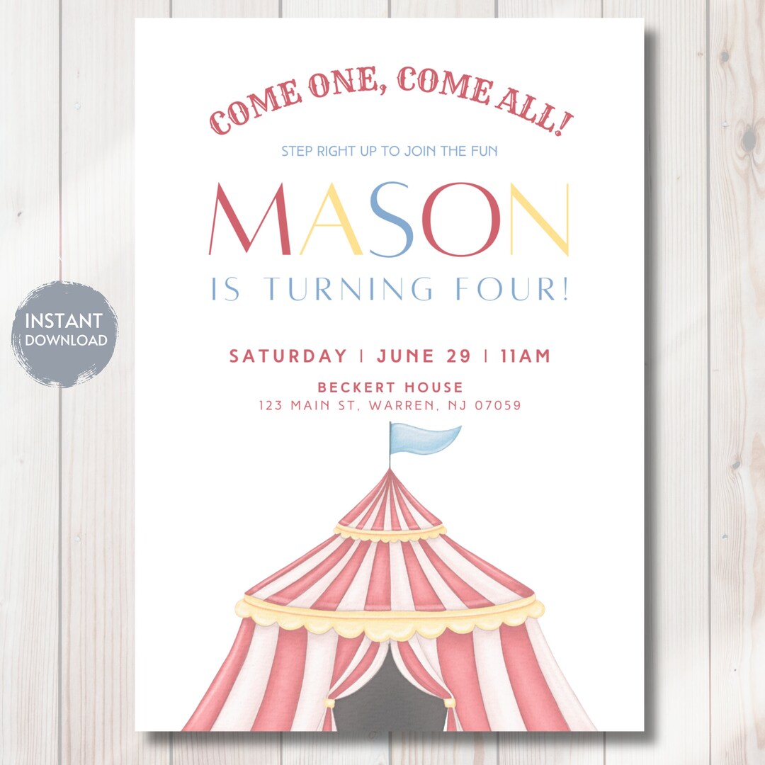 Circus Theme Birthday Invitation, Kids Carnival Bday Party Invite ...