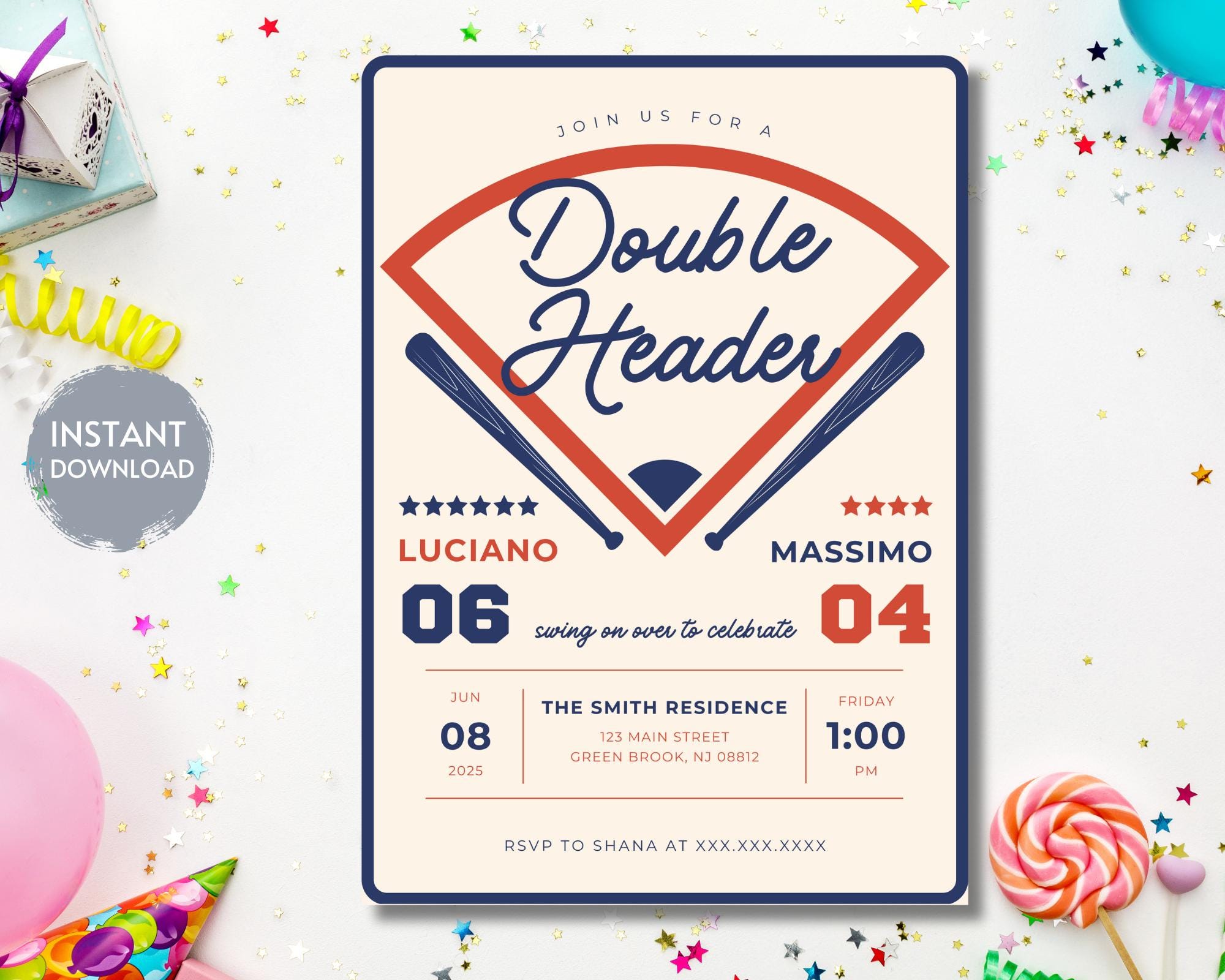 Double Header Birthday Invitation Template, Baseball Theme Bday Invite ...