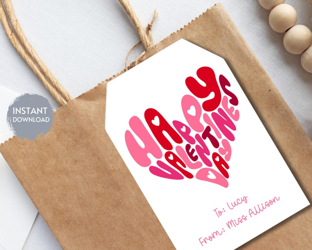 Valentine's Day Gift Tag Template, Heart Valentine Tag, Retro Font ...
