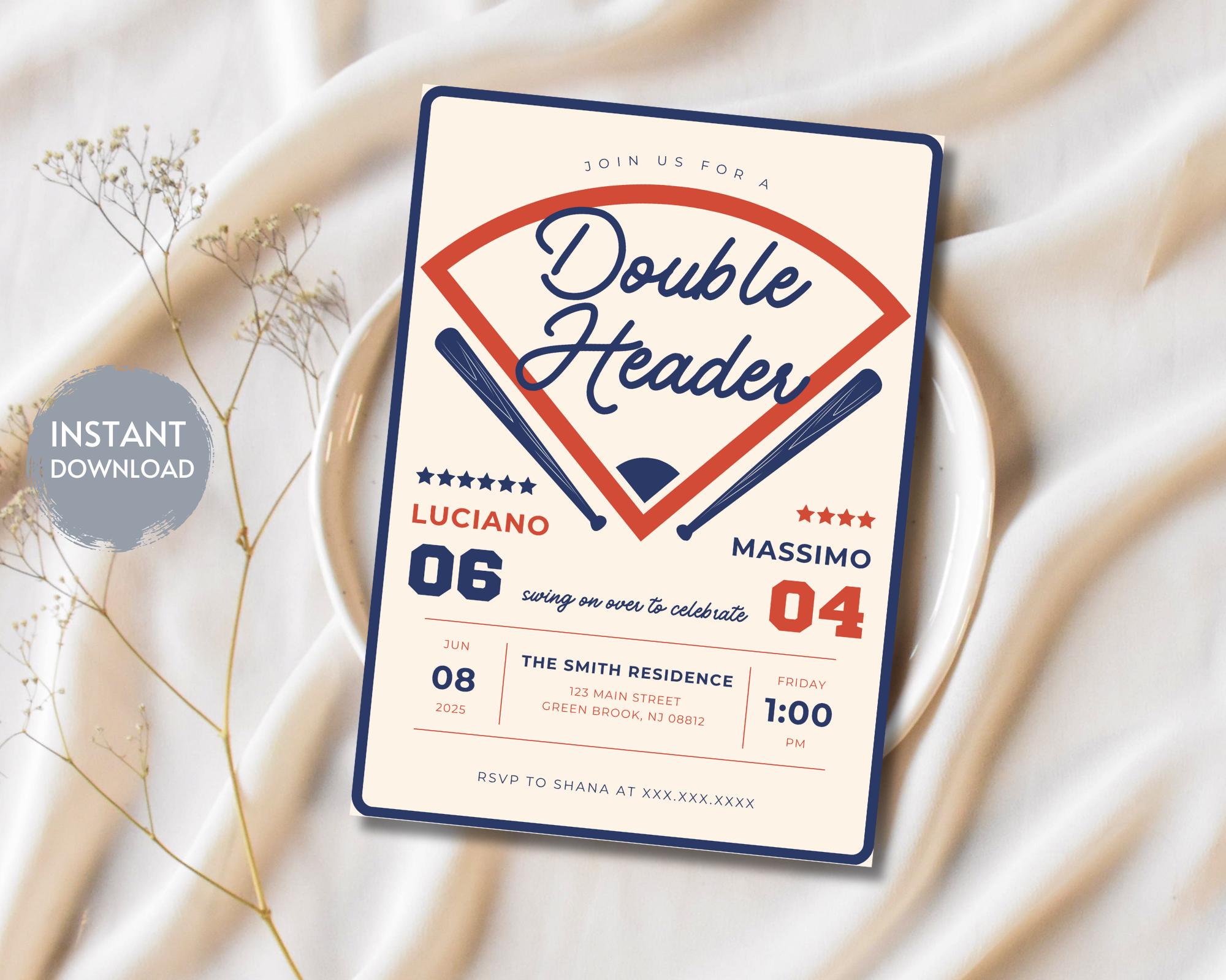 Double Header Birthday Invitation Template, Baseball Theme Bday Invite ...