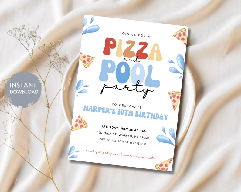 PIZZA POOL PARTY Bday Invitation, Pizza Party, Fun in the Sun, Splish ...