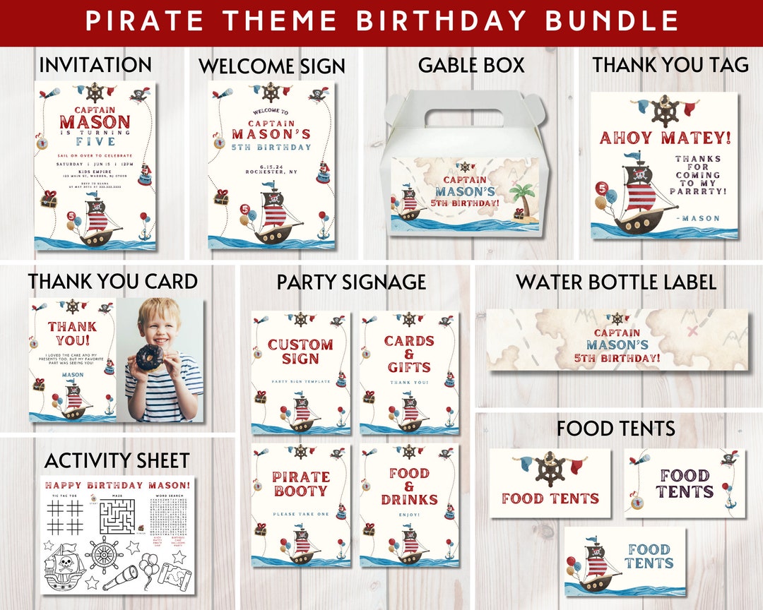 Pirate Birthday Bundle, Pirate Theme Invite Bundle, Modern Pirate Bday ...